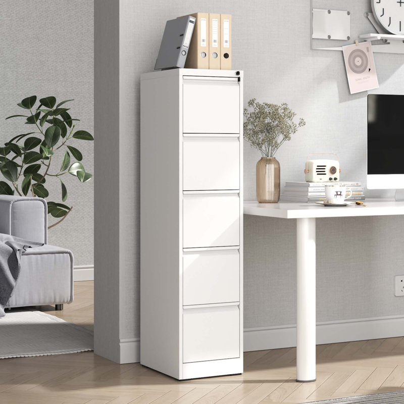 Inbox Zero 5 Drawer Vertical Metal File Cabinet with Lock for A4 Letter Legal Storage Cabinet for Home Office Finish White